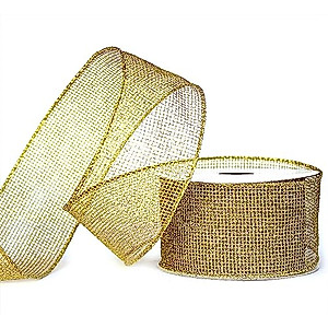 Gold Ribbon Wired Christmas Tree Ribbon 2.5 Inch Xmas Ribbons 6 Rolls 36 Yards Burlap Organza Sheer Mesh Metallic Glitter Crafts Decorating Gift Wrapping Bows Gift Wrap Bow Tree Topper Wreath