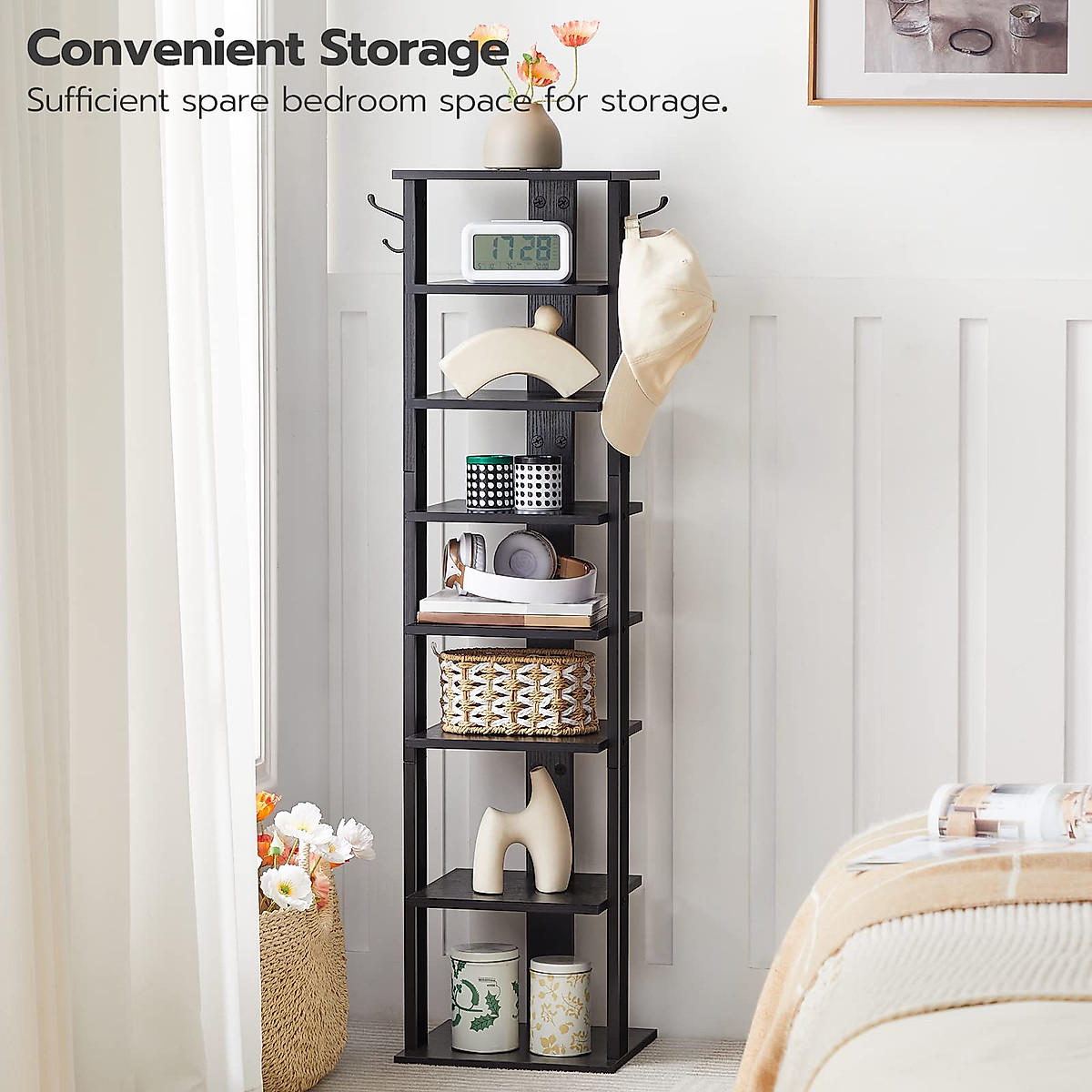 HOOBRO 8 Tiers Vertical Shoe Rack, Wooden Shoe Storage Organizer with Hooks, Narrow Shoe Tower for 8 Pairs, Space Saving, for Entryway, Living Room, Bedroom, Black BK07XJ01