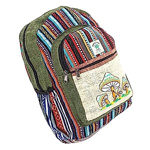 Unique Mushroom Embroidered Tie Dye Himalaya Hemp Large Hippie Backpack Festival Backpack FAIR TRADE Handmade with Love. (GREEN)