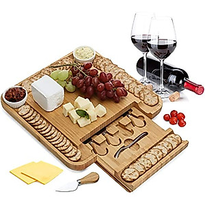 Bamboo Charcuterie Boards Cheese Board Set Premium Large Cheese Platter & Serving Tray 4 Stainless Steel Knife House Warming Gifts New Home Housewarming Gift for Her Mom Wife Women Wedding Anniversary