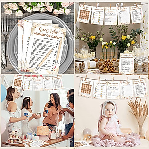 Yinder 145 Pcs Baby Shower Games Activities Cards with 20 Pencils Includes Baby Bingo Description and Wishes Guess Who Price is Right Word Scramble Game(Boho Pampas)