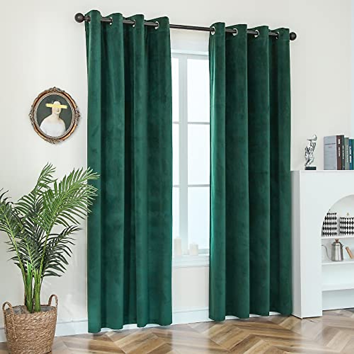 WOD FAMY Luxury Velvet Blackout Vintage Curtains Thermal Insulated Drapes Velvet Curtains Grommet 52Wx95L Inch 2 Panels Dark Green