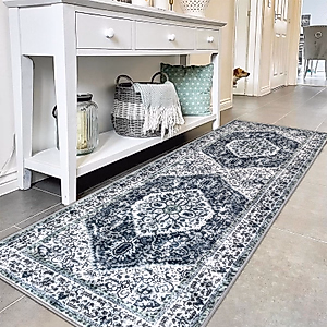 KOZYFLY Runners for Hallways 2x6 Ft Washable Kitchen Runner Rug Boho Runner Rug for Entryway Indoor Grey Oriental Faux Wool Bathroom Runner Rug Floor Carpet Runner for Bedroom Kitchen Hall