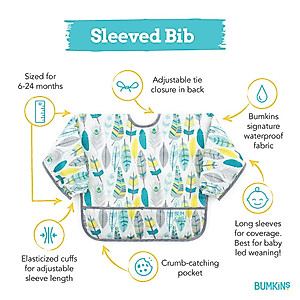 Bumkins Sleeved Bib for Girl or Boy, Baby and Toddler for 6-24 Months, Essential Must Have for Eating, Feeding, Baby Led Weaning Supplies, Long Sleeve Mess Saving Food Catcher, Hearts Black and White