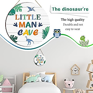 Little Man Cave Wooden Sign Dinosaur Quote Wood Plaque Nursery Hanging Wall Art Decor for Kids Toddler Boys Bedroom Playroom Living Room Decorations