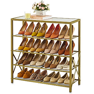 Tajsoon 5 Tier Shoe Rack Organizer for 16-20 Pairs of Shoes, Industrial Metal Mesh Shoe Rack for Closet, Entryway Shoe Storage, Shoe Shelf with X Shape Fixed Frame, White & Gold