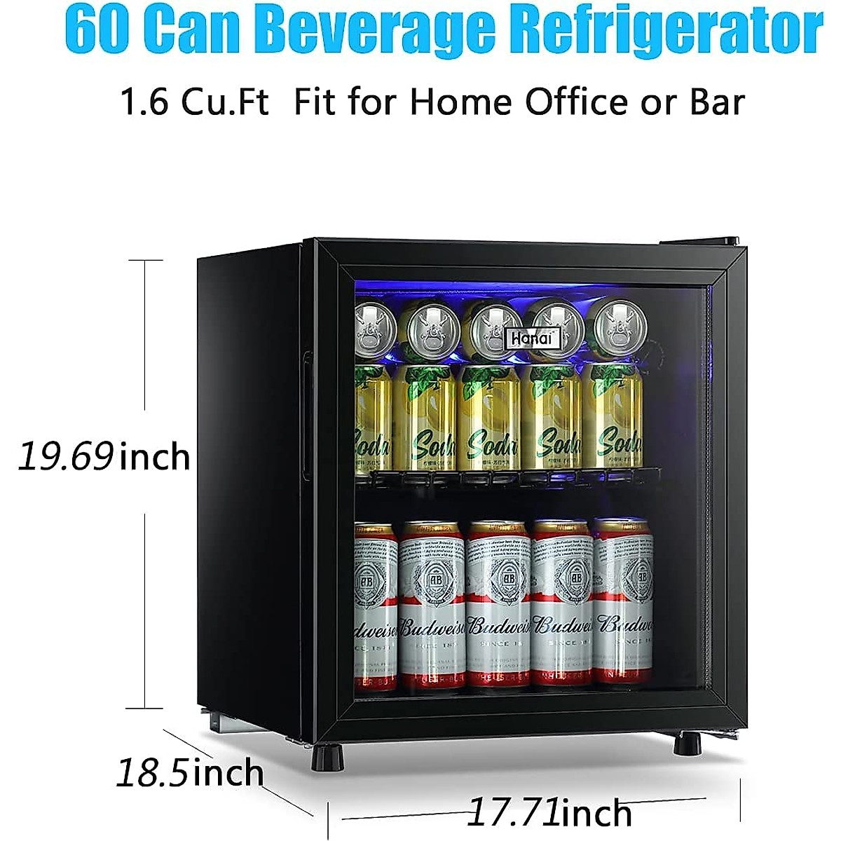 Mini Fridge Glass Door 60 Cans Beverage Cooler Refrigerator Mini Beer Fridge 1.6 cu.ft Organizer for Drinks Soda Wine Small Refrigerator with Blue LED for Home Office Dorm