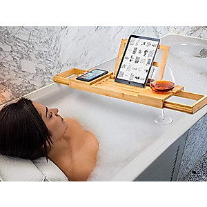 Utoplike Bamboo Bathtub Caddy Tray Bath Tray for Tub, Adjustable Bathroom Bathtub Organizer with Book Tablet Wine Glass Cup Towel Holder,Distinctive Gift for Christmas