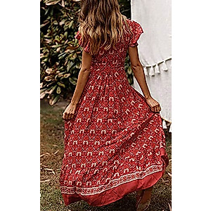 ZESICA Women's 2023 Bohemian Floral Printed Wrap V Neck Short Sleeve Split Beach Party Maxi Dress,Red2,Medium