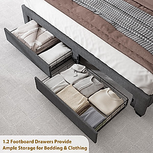 PDCOAK Full Bed Frame with Storage Headboard, Upholstered LED Bed Frame with 2 Storage Drawers Charging Station,Wood Slats Support, No Box Spring Needed, Noise Free, Grey