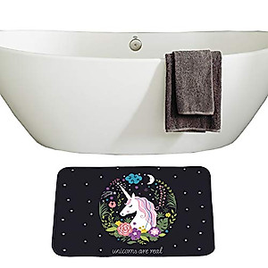 Amagical Unicorns are Real Pattern 16 Piece Bathroom Mat Set Shower Curtain Set Bath Mat Contour Mat Toilet Cover Fabric Shower Curtain with 12 Hooks Black (16)