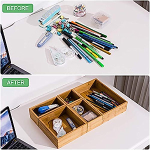 FILWH 5 Piece Bamboo Drawer Organizer Set, Luxury Wooden Desk Storage Box Kit, Multi-use Junk Drawer Organizer for Office, Kitchen, Bedroom, Children Room, Craft, Sewing