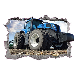 Tractor Wall Decal Art Smashed 3D Graphic Farm Blue Tractor Wall Sticker Mural Poster Kids Room Decor Gift UP359 (70"W x 46"H inches)
