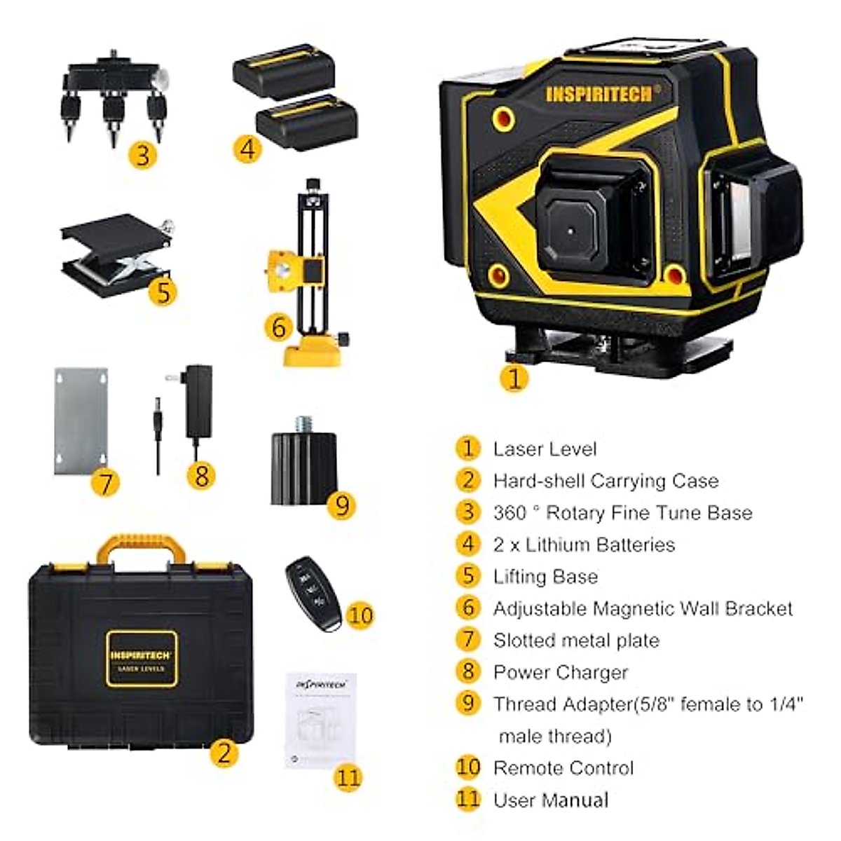 INSPIRITECH Tile Laser Level Self Leveling 3D Alignment Guide,3x360° Horizontal Vertical 12 Cross Lines, Green Beam Lazer Leveler Tool for Floor Ceiling Wall with 2 Lithium Batteries