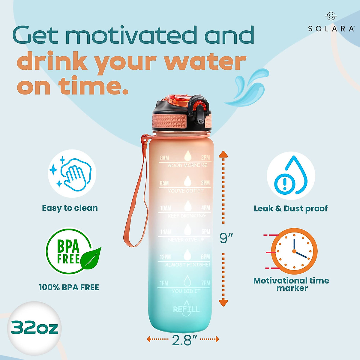 SOLARA 32oz Motivational Water Bottle with Times to Drink, Water Bottle with Straw, Water Bottle for Gym, Office | BPA Free Tritan Water Bottle with Motivational Quotes | Orange Teal