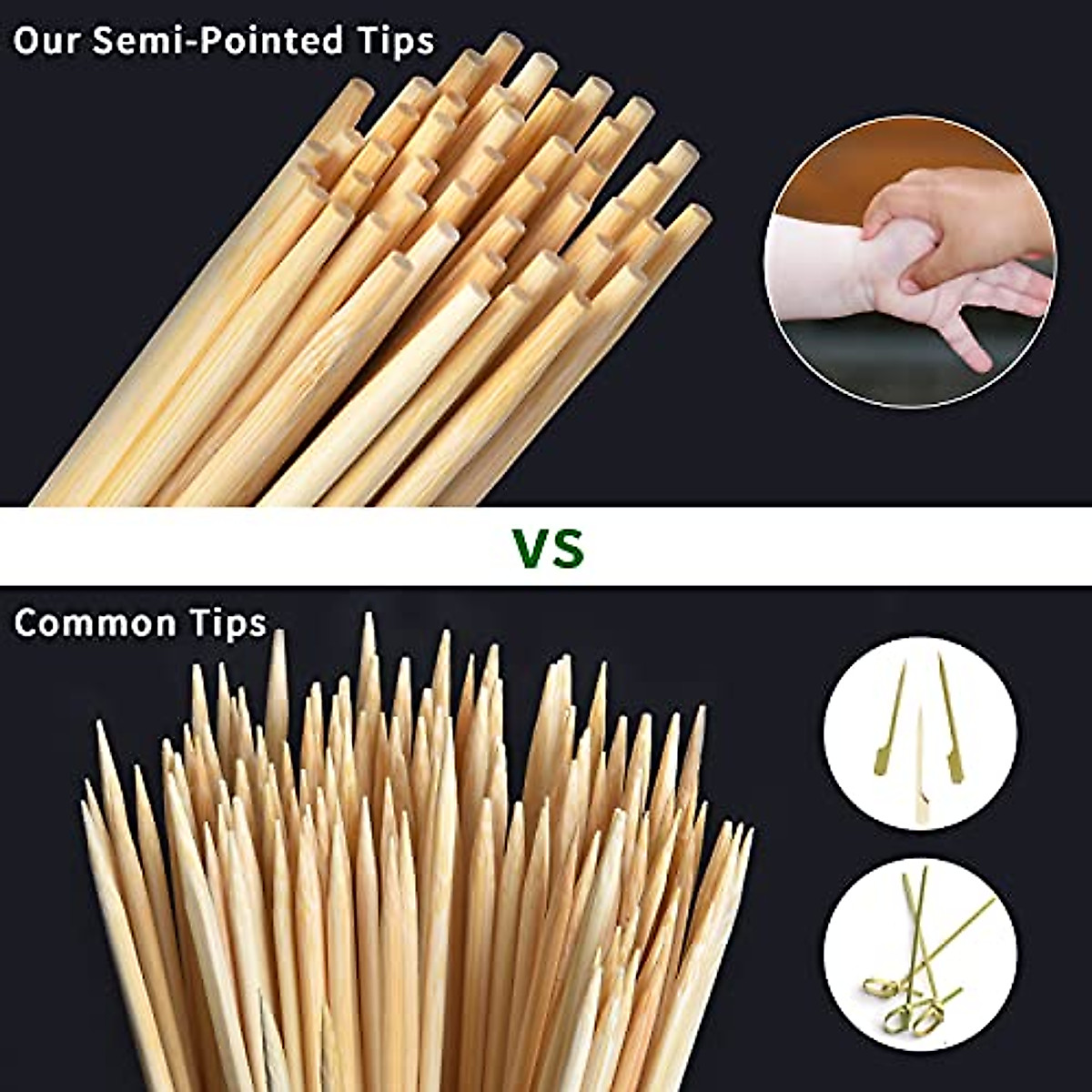 Natural Bamboo Skewers 6 Inch, Kids Friendly/True Semi Pointed, For Fruit Kabobs Kebab Swizzle Appetizer Chocolate Fountain Fondue BBQ, Wooden Sticks For Cake Pop, Lollipop, Size Choices 4.3”,8”,10”