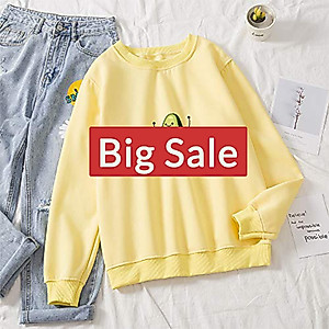 KEEVICI Popular Cartoon Cute Avocado Print O-neck Cotton Casual Pollover Sweatshirt (Yellow,L)