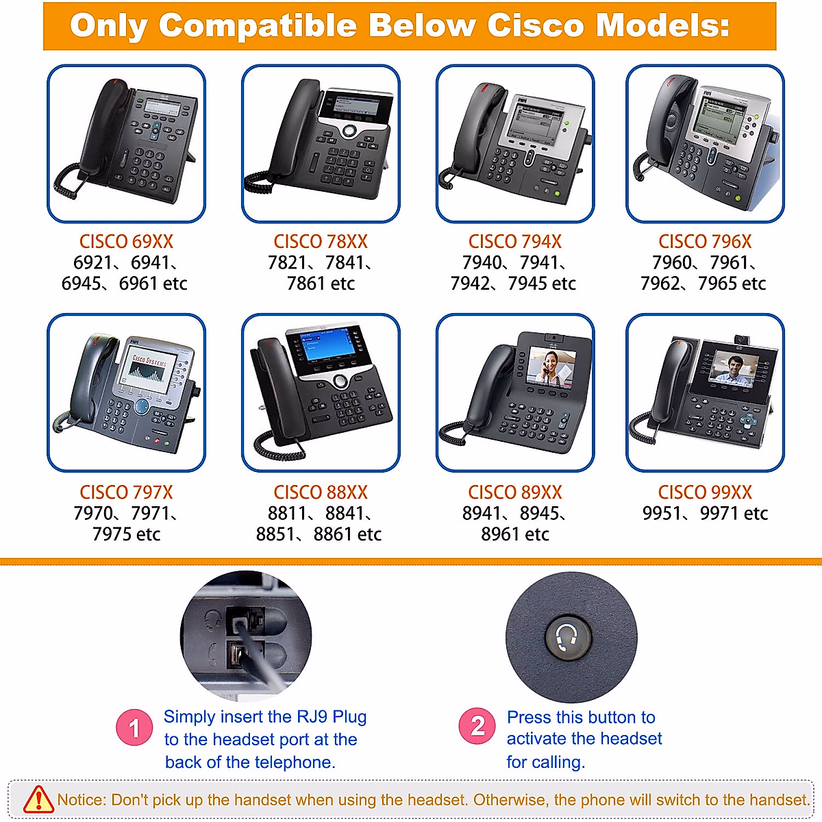 VoiceJoy Corded RJ9 Phone Headset Binaural with Noise Canceling Microphone ONLY for Cisco IP Phones: Such as 7942 7971 8841,8845, 8851, 8861,8945, 8961, 9951, 9971 etc