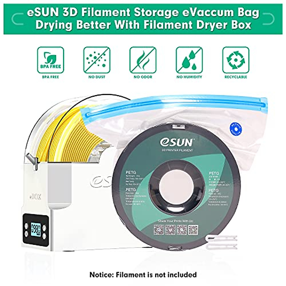 eSUN 3D Printing Filament Vacuum Storage Bag, Spool Storage Sealing Bags Dust Proof Humidity Resistant for Keeping Filament Dry, 5 Vaccum Bags Only