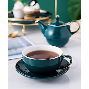 Jusalpha Dark Turquoise Green Fine China 16 OZ Teapot- Tea cup- Saucer Set, Tea-for-One set #08