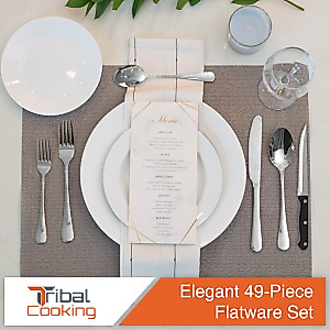 Tribal Cooking 48 Piece Silverware Set - Service for 8 - Stainless Steel Flatware serving set - Cutlery Set - Knives, Fork, and Spoon - Utensil sets - Dishwasher Safe - Stunning Polished Finish