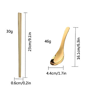 Chinese Metal Soup Spoons and Chopsticks Set for 4 People, Reusable Stainless Steel Ramen Short Handle Spoon Set Asian, Christmas Gift Dishwasher Safe (Gold)