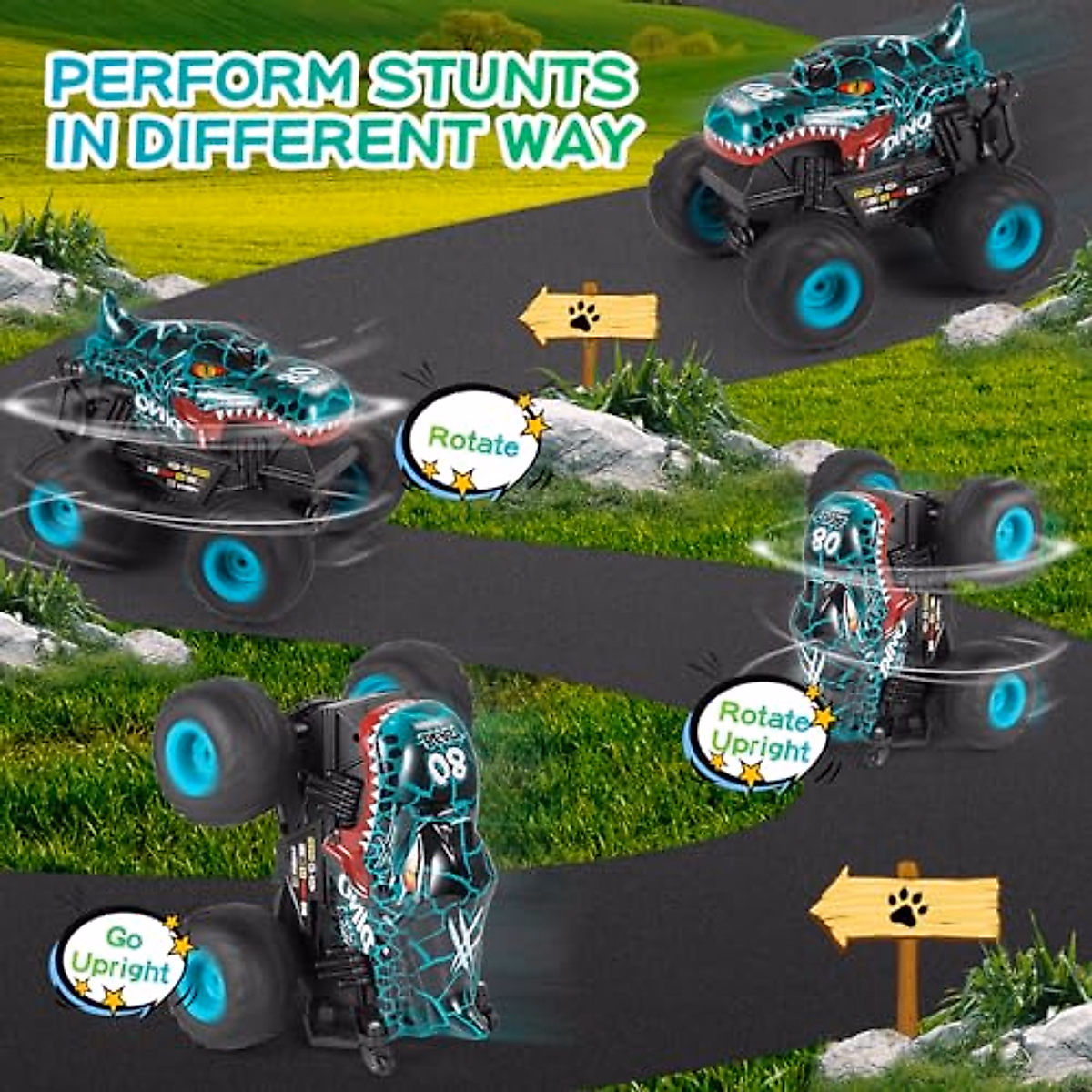 DYODYORC Remote Control Car, 2.4Ghz All Terrain Dinosaur Monster Truck Toys, RC Truck with Music, 3 Lighting Effects, 360 Stunt Capable, All Included Ready to Run, Toy Gifts for Boys and Girls (Cyan)