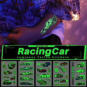 6 Sheets Car Temporary Tattoos for Kids Boys Glow Race Car Body Stickers Waterproof Tattoo Stickers Luminous Vehicle Cute Tattoo Sticker Gifts Birthday Party Supplies Favors Bag Filler Decorations