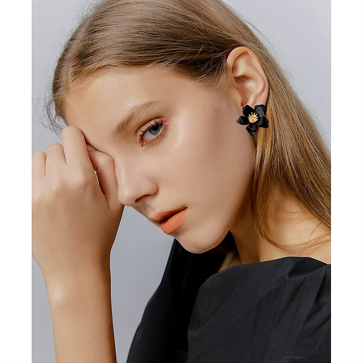 Chic Cute Boho Matte Flower Statement Stud Earrings with Gold Flower Bud for Women Sister Mom Lover and Friends (Black)