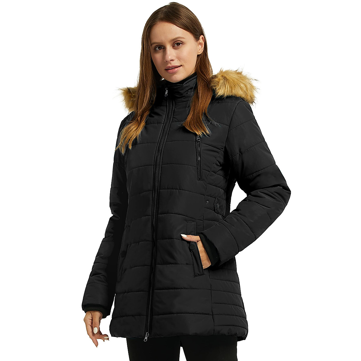 wantdo Women's Winter Warm Long Parka Coat Thicken Outerwear with Hood Black M