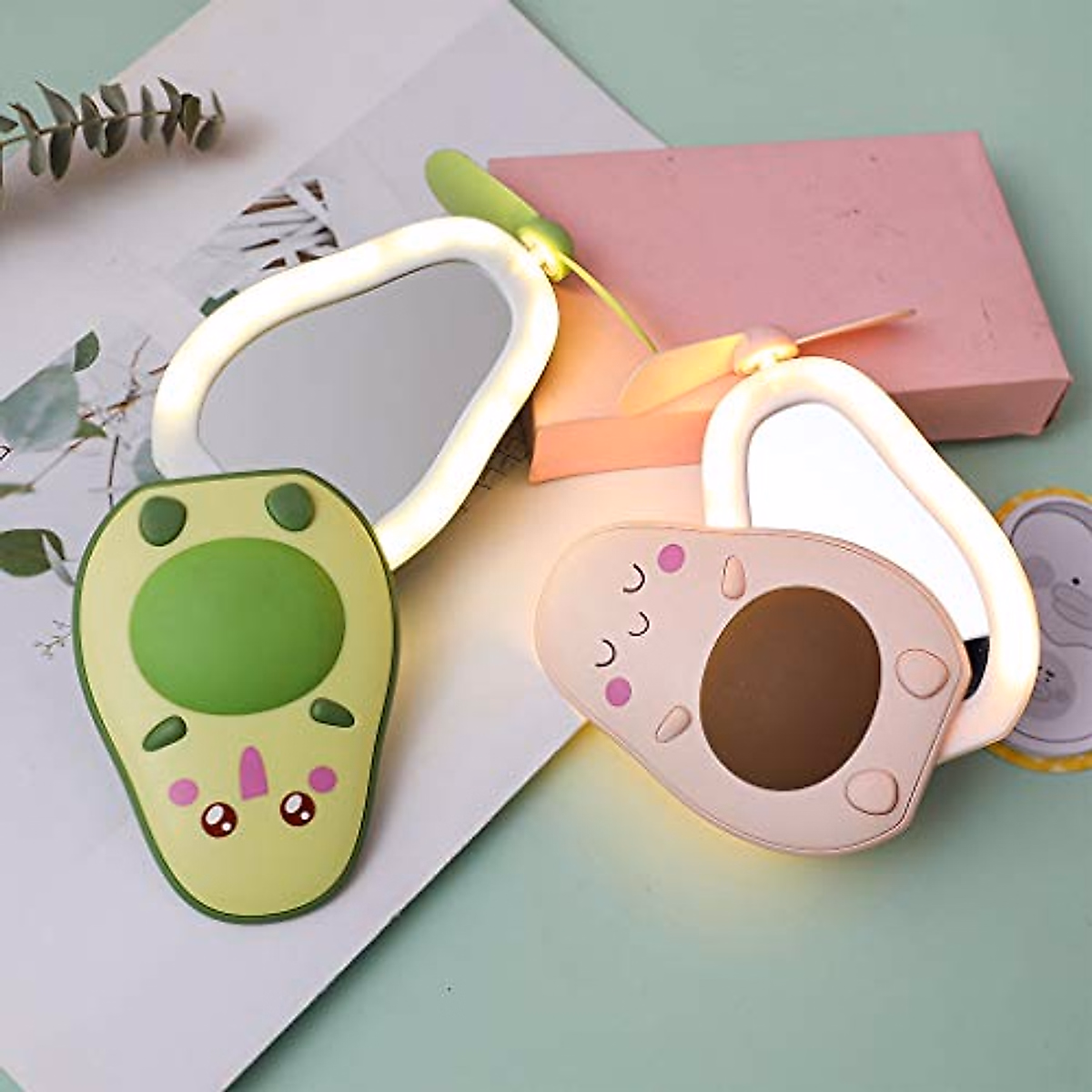 Dft Portable Avocado Shape Handheld Mini Air Cooler Fan with Fill Light Mirror USB Rechargeable Small Personal Cooling Tools