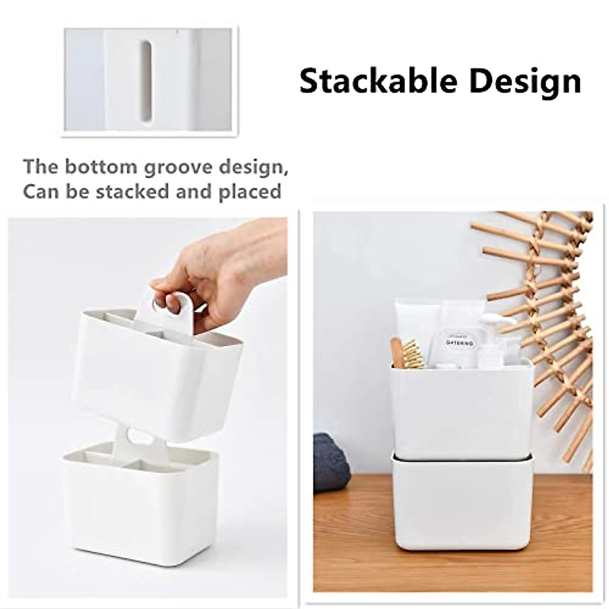 (2 Pack) Feadily Plastic Shower Caddy Portable, Portable Basket with Handle Storage Organizer, Stackable 5 Compartments, 9.76" x 6" x 6.7", White