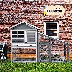 HAPPAWS Rabbit Hutch Cage w/Hay Feeder, 58 Inch Bunny Cage Condo Wooden Quail Chicken Coop, Indoor Outdoor Hen Pet House w/Removable Tray, Ramp, Waterproof Roof, Lockable Doors for Small Animals