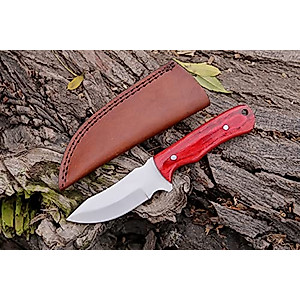 Exemplary Knives 9'' Handmade Fixed Blade knife with Cowhide Leather Sheath with integrated belt loop Stainless Steel Blade and Highly Polishing Red Pakkawood handle with Comfortable Grip for Outdoor Hunting, Hiking, Skinning, Camping and Bushcrafting.