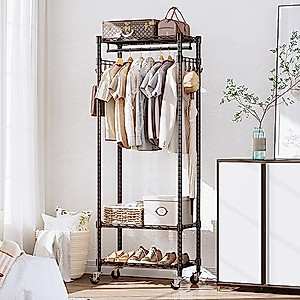 NATRKE Rolling Garment Rack 3 Tiers Heavy Duty, Adjustable Freestanding Clothing Rack With Wheels, Garment Rack with Storage Shelves 2 Pairs Side Hooks, Max Load 420 lbs, Black S1