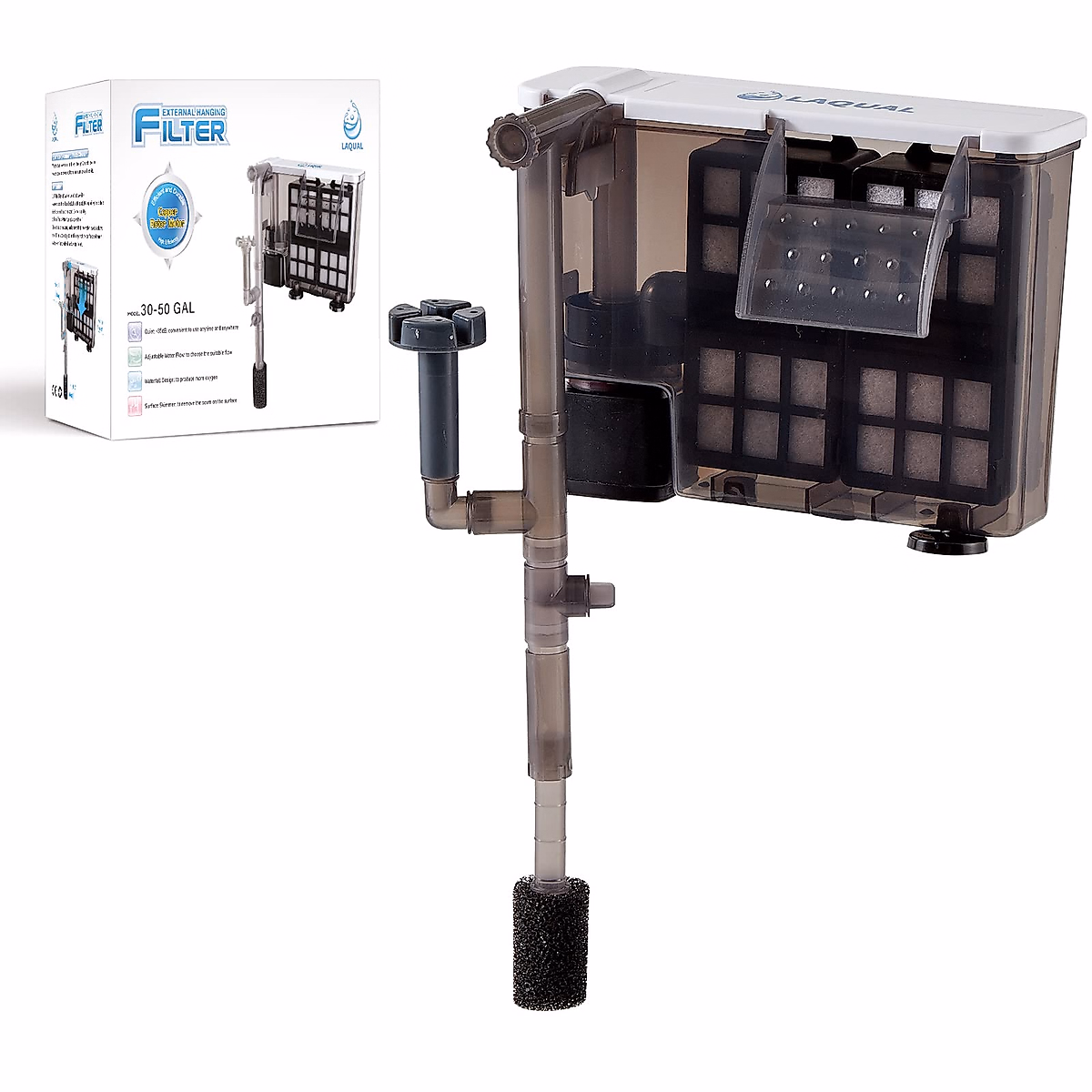 LAQUAL Aquarium Filter with Surface Skimmer, 30-50 Gallon Small Fish Tank Filter, Full Contact & 3 Layer Filtration, Quiet & Efficient, Waterfall Design for Increasing Oxygen, Hang on Back Filter