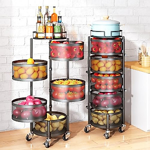 SNTD Fruit and Vegetable Basket Bowls for Kitchen with Metal Top Lid, 5 Tier Rotating Storage Rack Cart for Potato Onion Bread Banana, Wire Basket Organizer on Wheels, Large, Black