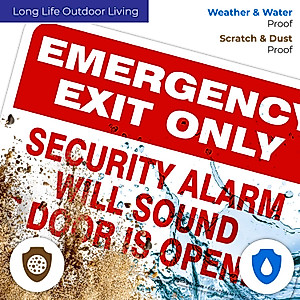 Sigo Signs, Emergency Exit Only Sign, Security Alarm Will Sound If Door Opened Sign, 10x7 Inches, 4 Mil Vinyl Decal Stickers Weather Resistant UV Protected, Made in USA