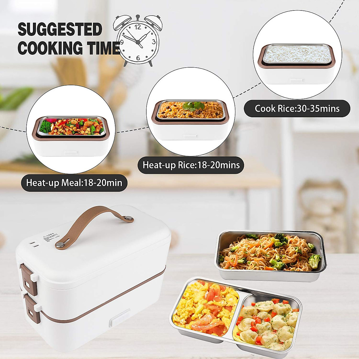 CTSZOOM Self Cooking Electric Lunch Box, Portable Food Warmer for On-the-Go,Mini Rice Cooker 2 Layers 800ML Heated Lunch Box for Home Office School Cook Food White