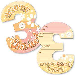 Big Dot of Happiness Young, Wild and Three - Shaped Fill-In Invitations - Boho Hippie Third Birthday Party Invitation Cards with Envelopes - Set of 12