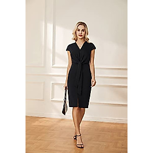 Short Sleeve Summer Business Casual Dresses for Women Tie Front Midi Pencil Dresses for Work Office Slit V-Neck Pencil Dresses Black M