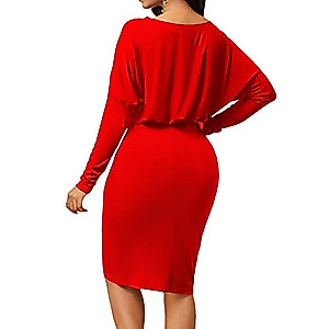 LYANER Women's Sexy Off Shoulder Ruched Elastic Waist Split Long Sleeve Bodycon Party Midi Dress Red Medium