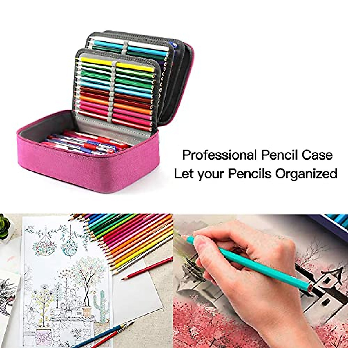 emgv jpoo High Capacity Zipper Pens Pencil Case- Multi-Functional Stationery Pencil Pouch 72 Slots Colored Portable Pencil Case Bags for Office College School (pink)