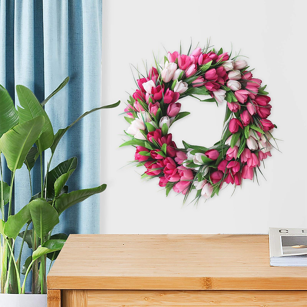 WDDH Artificial Tulip Wreath, 12inch Round Front Door Tulip Wreath with Rattan Base, Spring Tulip Floral Wreath for Wedding Arch Home Garden Decor
