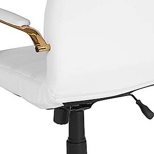 Flash Furniture Whitney Mid-Back Desk Chair - White LeatherSoft Executive Swivel Office Chair with Gold Frame - Swivel Arm Chair