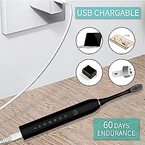 Yevheniys Sonic Electric Toothbrushes USB Rechargeable Ultrasonic Tooth Brush with 4 Brush Heads 6 Cleaning Modes and Smart Timer IPX7 Waterproof Cleaning Toothbrushes for Adults and Kids (Black)