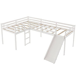OPTOUGH L Shape Twin Size Loft Bed with Built-in Ladder and Slide,Wooden Low Loft-Bedframe for Kids,Teens,No Spring Box Need,White
