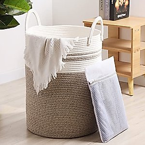 3pcs Blanket Basket, 1pc 40L Cotton Rope Lundry Hamper and 2pcs Mesh Lundry Bag, Storage Basket with handle for Living Room, Laundry Basket for Pillows Toys Clothes. (40L)