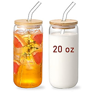 20 OZ Glass Cups with Bamboo Lids and Glass Straw - Beer Can Shaped Drinking Glasses Set, Iced Coffee Glasses, Cute Tumbler Cup for Smoothie, Boba Tea, Whiskey, Water, Gift - 2 Pack