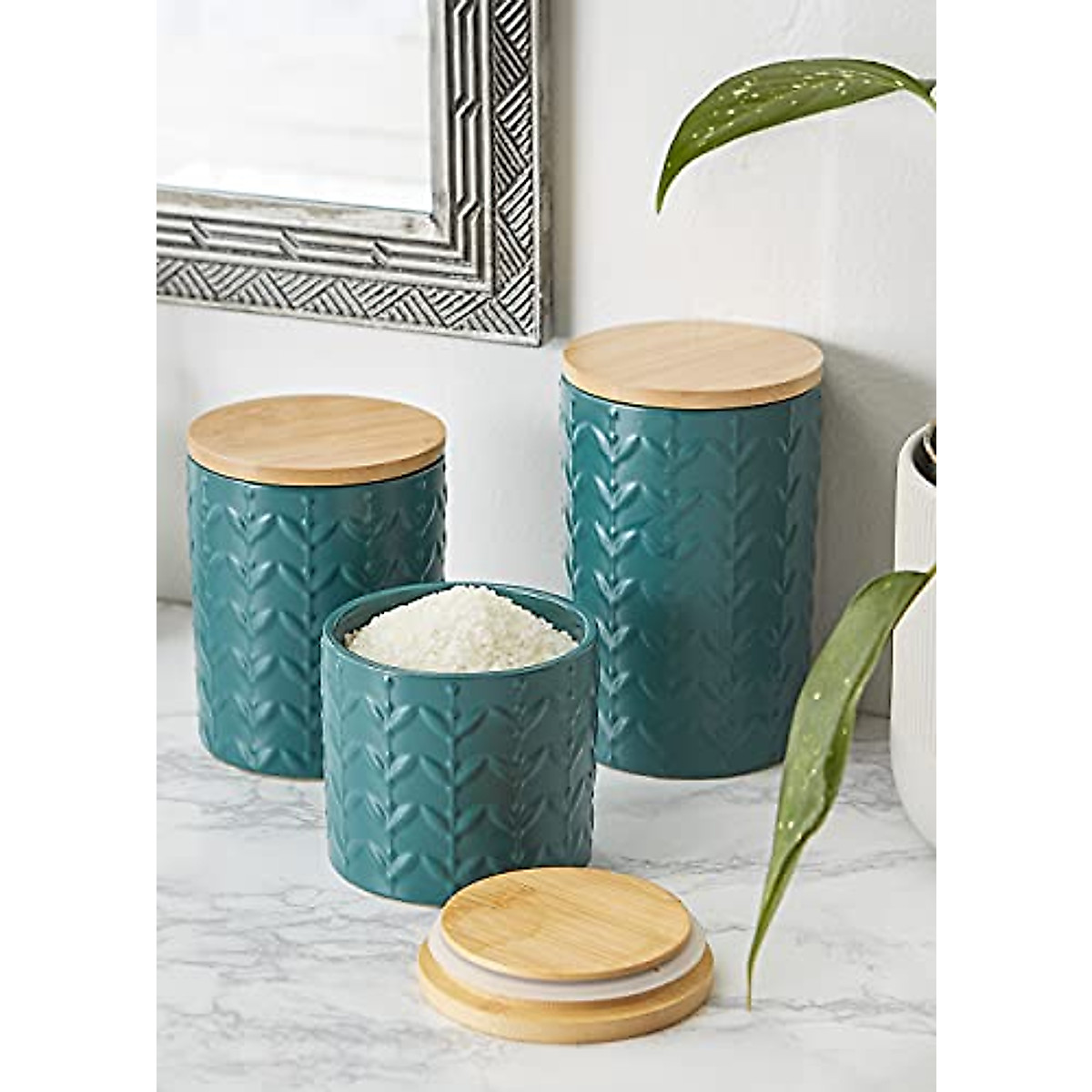 DII Kitchen Accessories Collection, Textured Matte Ceramic Canister Set, Teal, Vine, 3 Piece